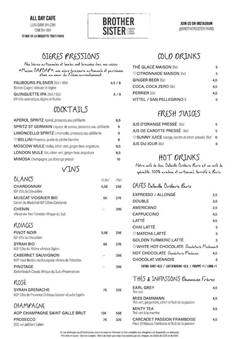 Menu At Brother Sister Brunch Lunch Dinner Restaurant Paris