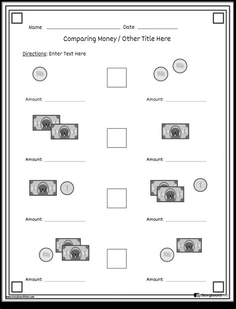 Money Worksheet Compare Money Bw Storyboard