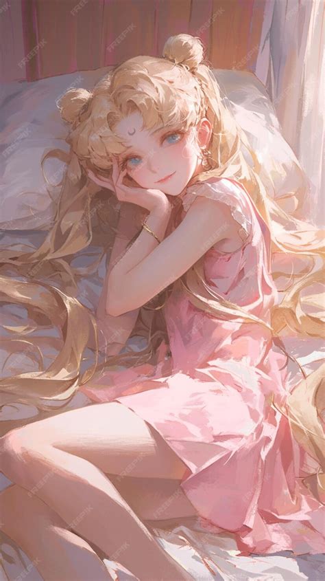 Anime Girl Laying On Bed With Long Blonde Hair In Pink Dress Generative
