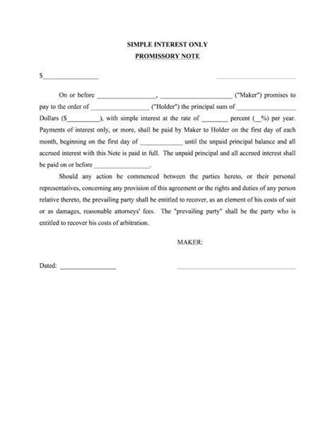 Simple Interest Promissory Note Template A Legal Document For Loan