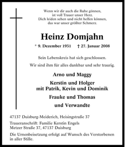 Traueranzeigen Von Heinz Domjahn Trauer In Nrwde
