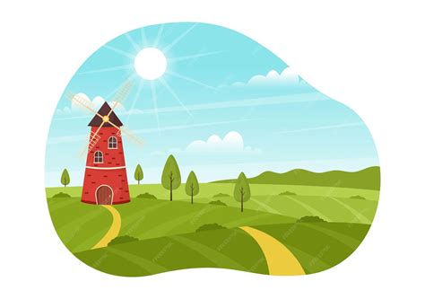 Premium Vector Bread Mill Illustration With Wheat Sacks Various Breads And Windmill In Hand