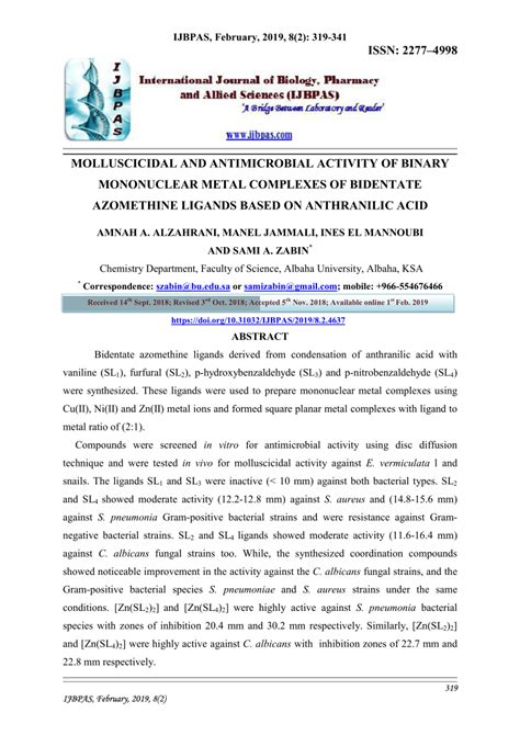 Pdf Molluscicidal And Antimicrobial Activity Of Binary Mononuclear