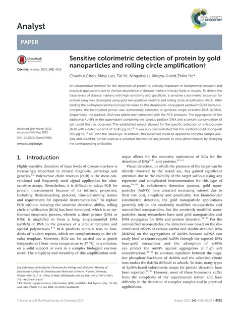 Pdf Sensitive Colorimetric Detection Of Protein By Gold Nanoparticles And Rolling Circle