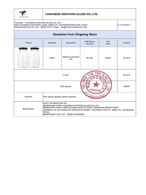 Xingtong Glass Quotation For 385ml Jars Pdf
