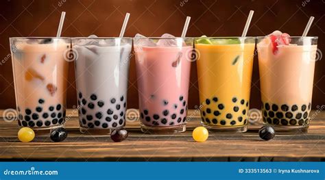 Row Of Fresh Boba Bubble Tea Glasses On A Table Stock Image