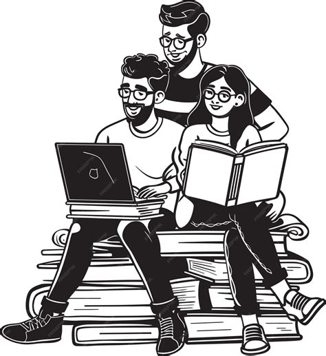 Techy Tranquility Couple Working On Laptop Atop Books Vector Black Logo Couples Who Code Laptop