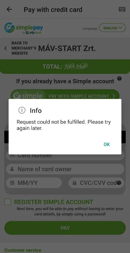 Resolve Request Could Not Be Fulfilled Error Upon Payment In Hungarian State Railways Android