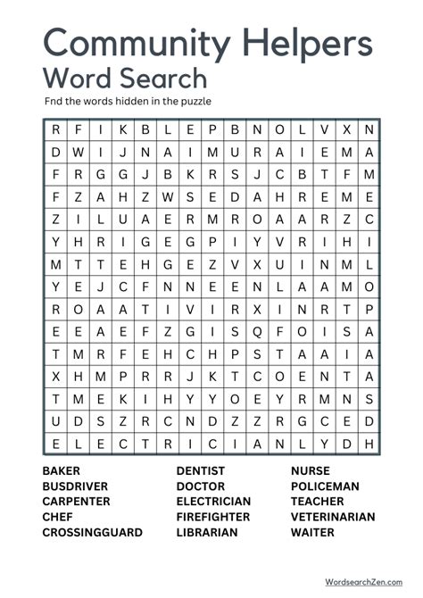 Community Helpers Word Search Free Printable Pdf File