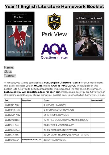 Gcse English Lit Paper 1 Homework Booklet Aqa Teaching Resources