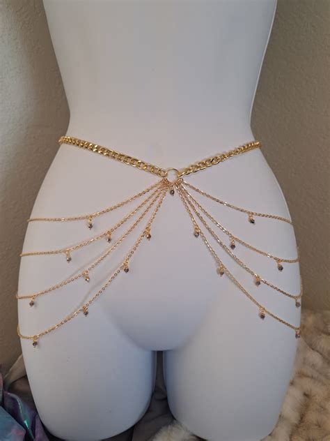 Chunky Gold Colored Waist Chain With Draping Chain And Faceted Bicone