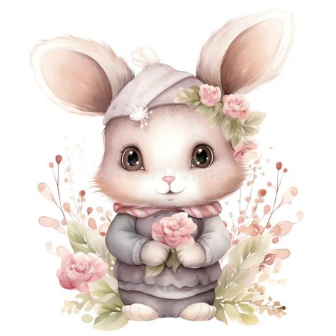 Woodland Elf Cute Bunny Pink Cute Bunny Watercolor Stock Illustration
