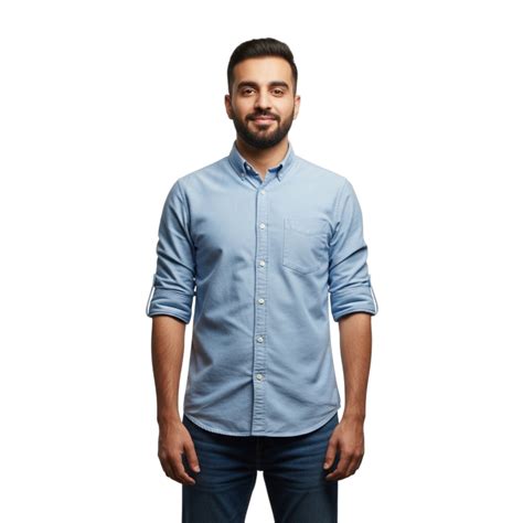 A Man In A Light Blue Buttondown Shirt And Jeans Standing And Smiling