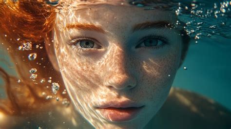 Closeup Redhead Woman Underwater Premium Ai Generated Image