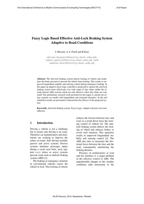Pdf Fuzzy Logic Based Effective Anti Lock Braking System Adaptive To Road Conditions