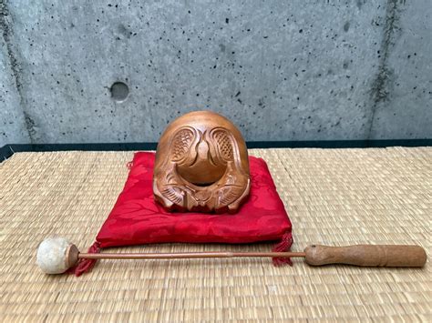 Japanese Buddhist Mokugyo Drum Set With Cushion And Mallet Wooden Bell