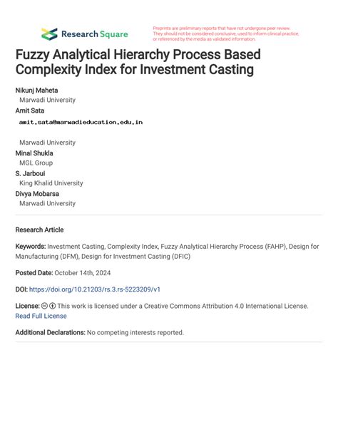 Pdf Fuzzy Analytical Hierarchy Process Based Complexity Index For Investment Casting
