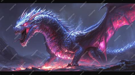 A Majestic Blue And Purple Dragon With Red Wings Roars With A Fiery