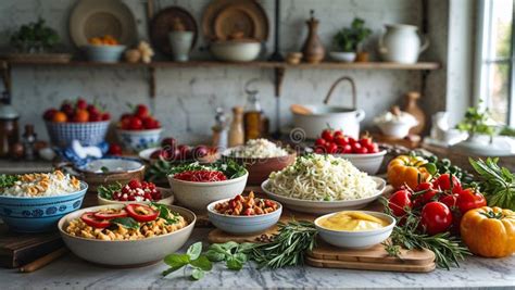 Colorful Diverse Array Of Food In Bowls Promoting Healthy Eating And