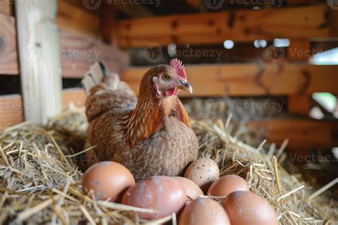 Ai Generated Hen Laying Eggs In A Farm Straw Nest Inside A Wooden Barn
