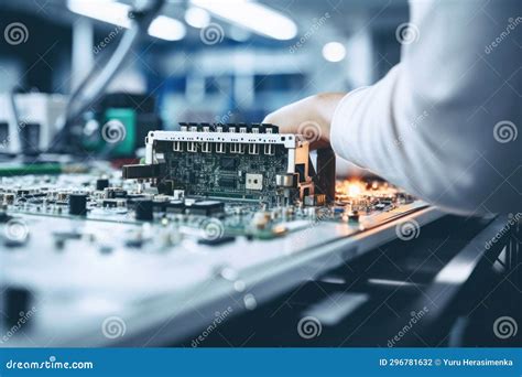 A Man In A Factory Assembles And Tests An Electronic Board Modern Production Of Electronic