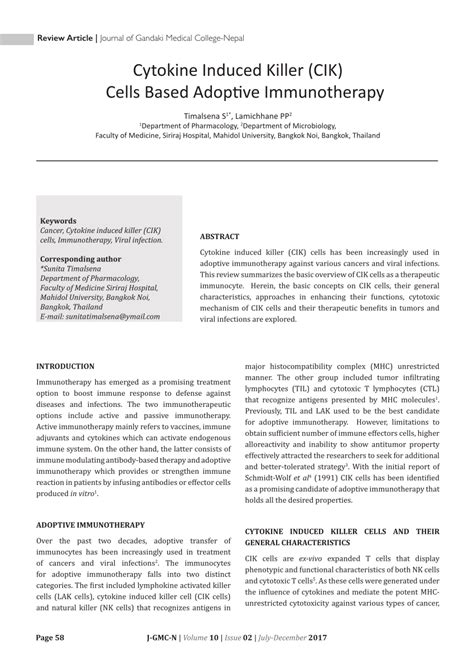 Pdf Cytokine Induced Killer Cik Cells Based Adoptive Immunotherapy