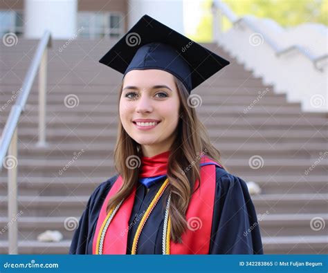 Proud Graduate In Cap And Gown Standing On Steps Celebrating