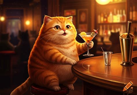 An Orange Tabby Cat Sits At A Bar And Holds A Cocktail Glass On Craiyon