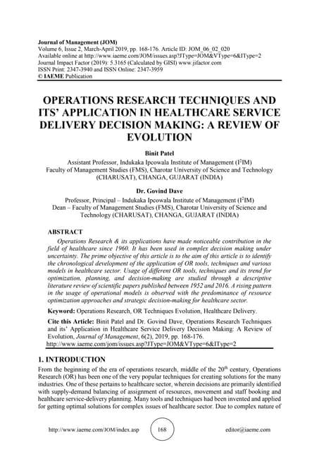 Operations Research Techniques And Its Application In Healthcare