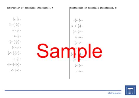 Subtraction Of Monomials Fractions Printable Worksheet Teaching