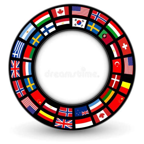 Business Icons With International Flags Around Ring With Flags Buttons