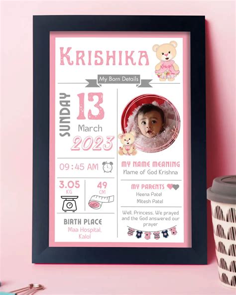 Newborn Birth Details Photo Frame With Name Meaning Always Unik