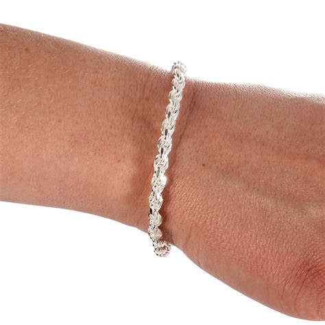 Solid 925 Sterling Silver Diamond Cut Rope Bracelet 48mm