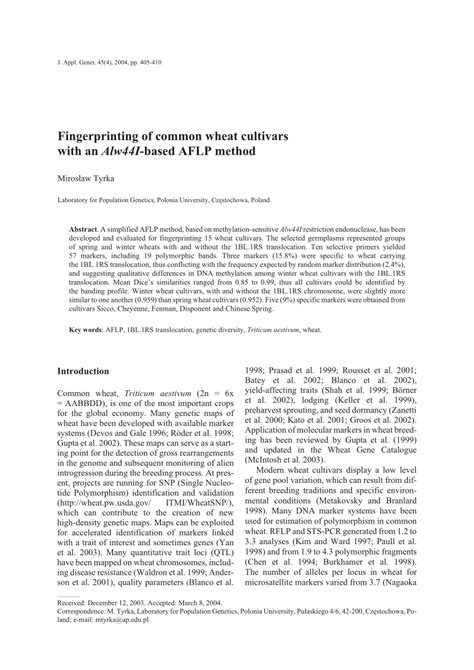Pdf Fingerprinting Of Common Wheat Cultivars With An Alw44i Based