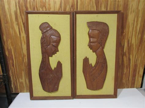 Mid Century Modern Carved Teak Wall Art Man And Women Praying Hands