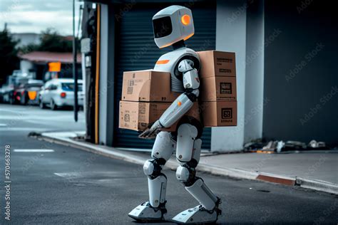 Humanoid Robot Courier Delivery Service Delivering Packages To A