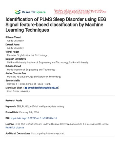 Pdf Identification Of Plms Sleep Disorder Using Eeg Signal Feature Based Classification By
