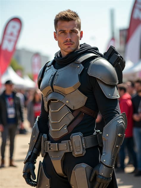 Man As Cosplayer At An Outdoor Convention Wearing A Futuristic Armored