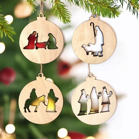 Nativity Baubles Set 4 Wooden Christmas Ornaments 360 Lasers