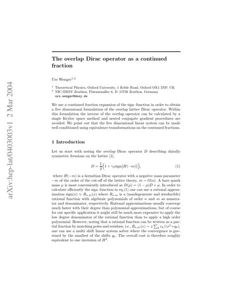 Pdf The Overlap Dirac Operator As A Continued Fraction