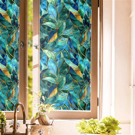 Redamancy Golden Blue Green Leaf Modern Stained Glass Window Films Decorative Double