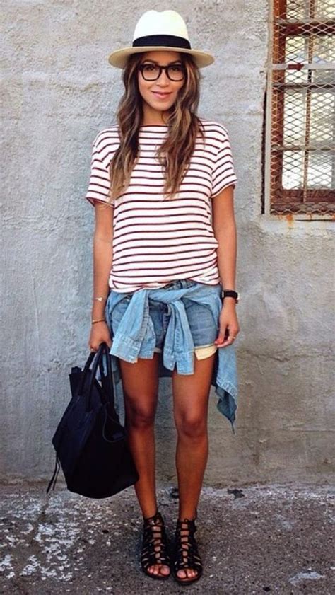 Springbreak Outfits Striped T Shirt Denim Short Shorts Summer