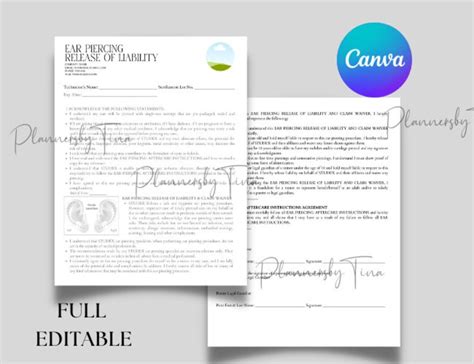 Editable And Printable Ear Piercing Release Of Liability Form Piercing Business Forms Template