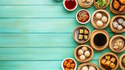 Delicious Dim Sum Spread On A Light Blue Wooden Tabletop Stock