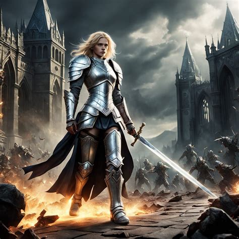 A Female Paladin In Epic Silver Armor