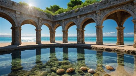 Stone Arches Framing Turquoise Sea And Beach With Clear Water And