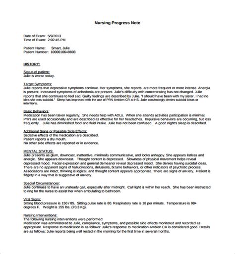 Nursing Narrative Note Template