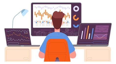 Man Work With Statistics On Computer Screens Data Analyst Stock Vector