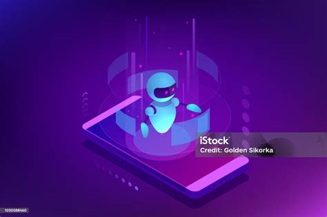 아이소메트릭 인공 지능입니다 Chatbot 및 미래 마케팅입니다 Ai와 비즈니스 Iot의 개념입니다 대화 도움말 서비스입니다