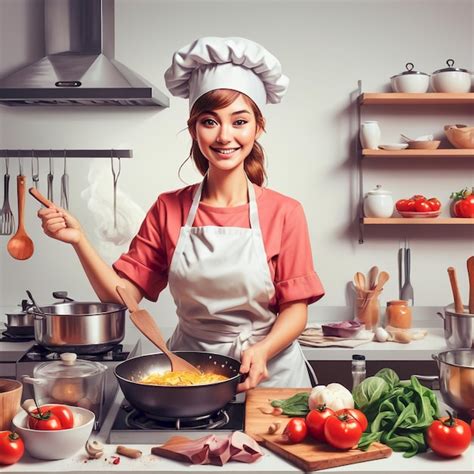 A Woman Cooking In A Kitchen With A Cookbook On The Table Premium Ai